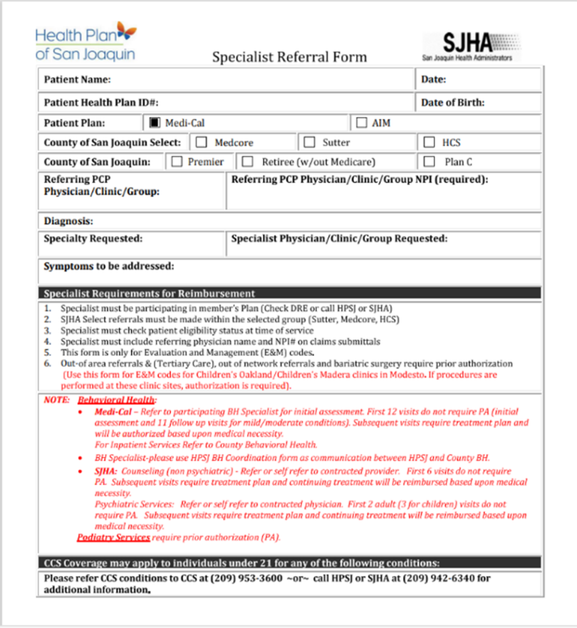 Specialist Referral Form No Longer Required - Alerts